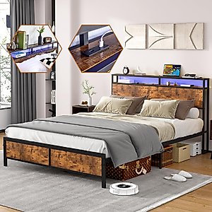 QSOSTNS Bed Frame with Ergonomic Headboard, 14 inch Fast Assembly Metal Bed with LED Lights, Outlets & USB, Bed Frame Full Size with Storage, Noise Free, No Box Spring Needed (Full)