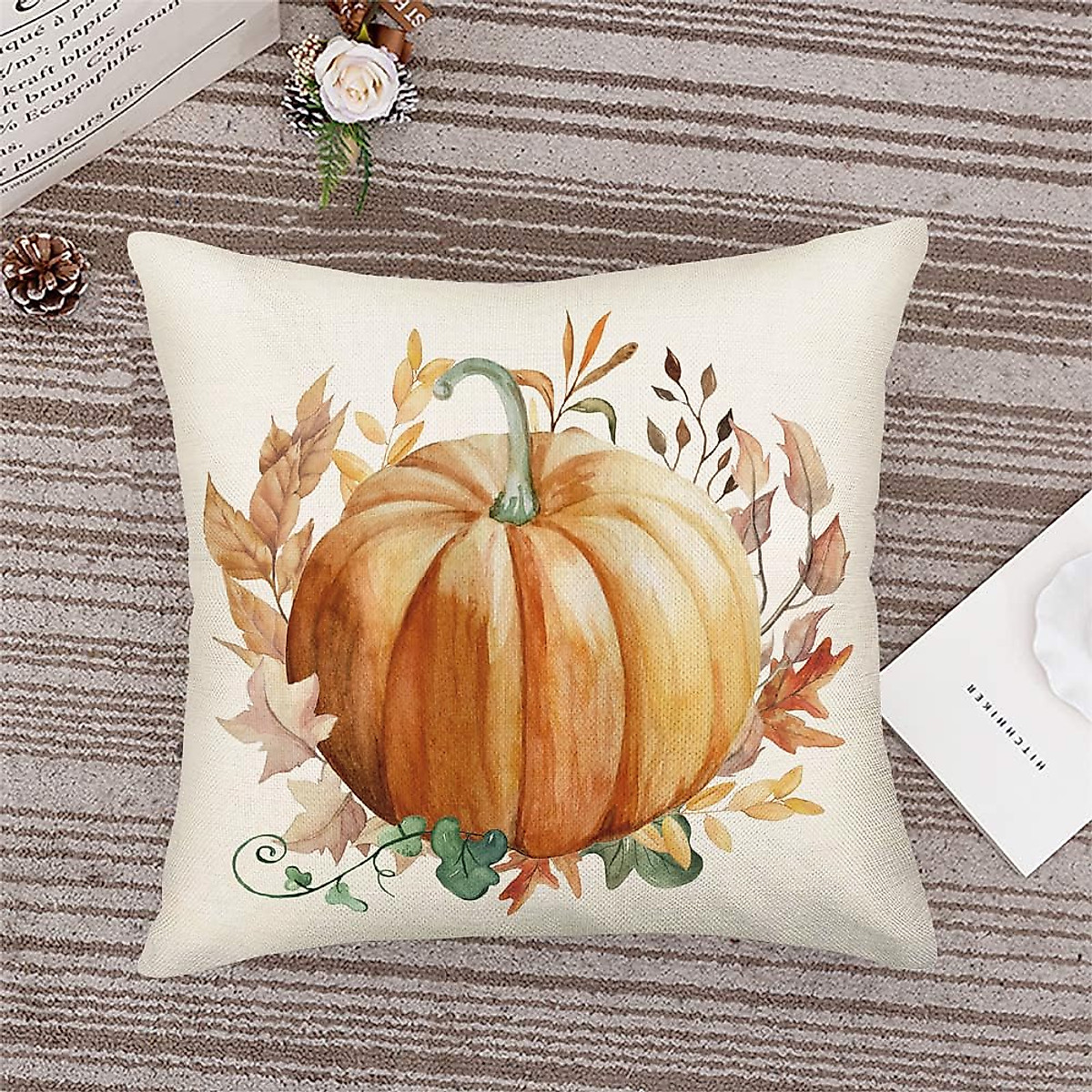 Fukeen Pumpkin Fall Decorative Pillow Covers 22x22 Inch Orange Pumpkin and Maple Leaves Autumn Harvest Throw Pillow Covers Farmhouse Thanksgiving Outdoor Pillows Case for Home Couch
