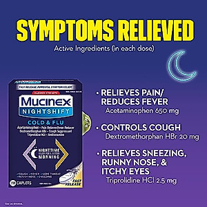 Mucinex Nightshift Cold & Flu, Maximum Strength Powerful Multi-symptom Nighttime Relief, 20 Fast Release Caplets - Pain Reliever/Fever Reducer, Cough Suppressant, Antihistamine