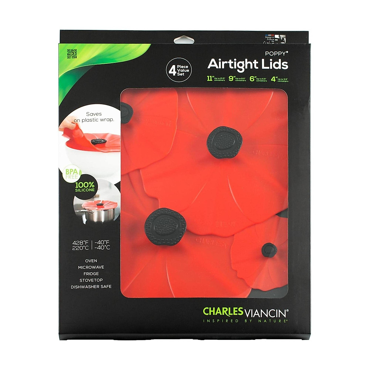 Charles Viancin - Poppy Lid Red Gift-Box - Set of 4 Silicone Lids for Food Storage and Cooking - 11''/28cm + 9''/23cm + 6''/15cm + 4''/10cm - Airtight Seal on Any Smooth Rim Surface