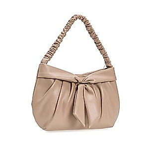 CHARMING TAILOR Elegant Rushed PU Small Handbag for Women Evening Party Retro Bow Clutch Purse (Nude)