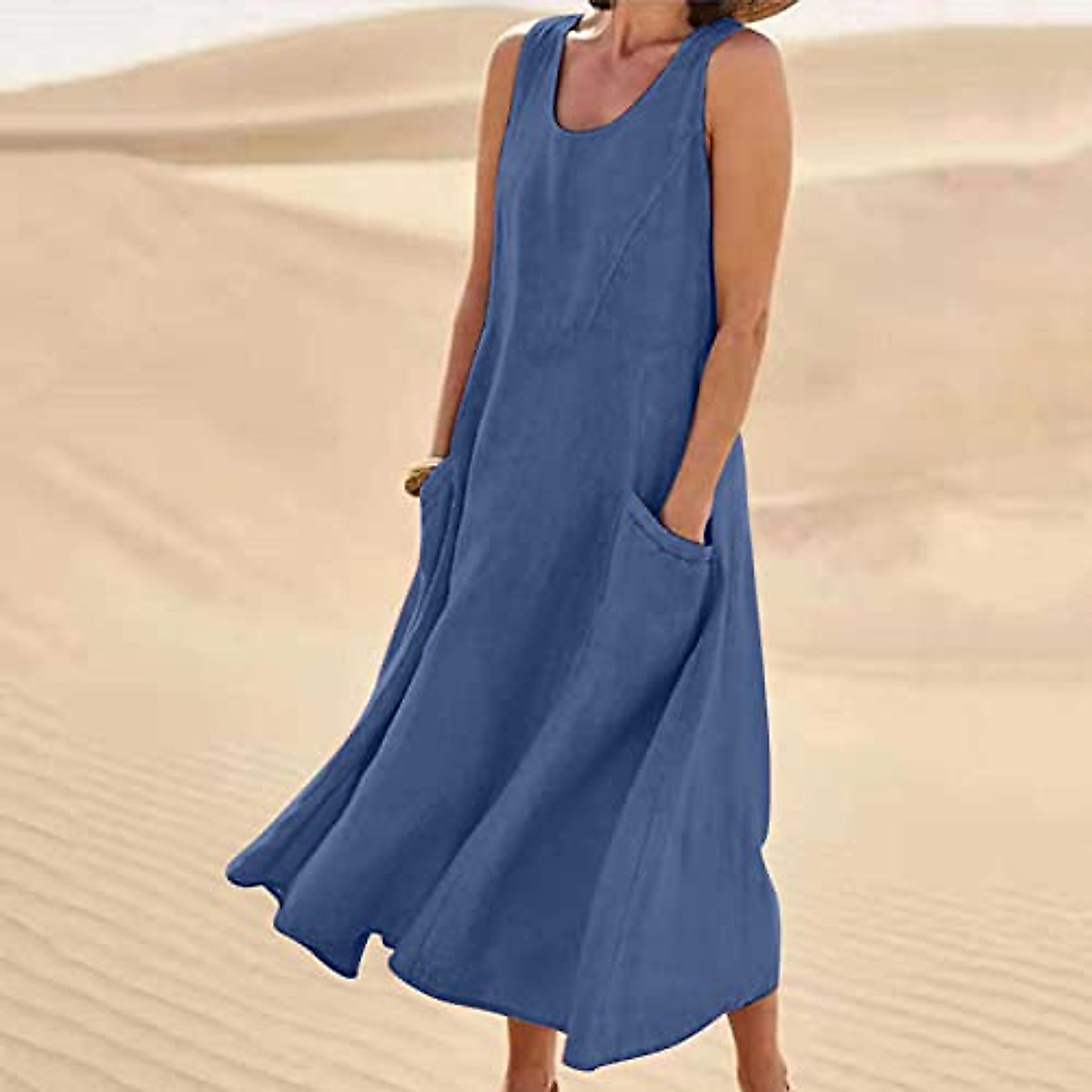 SMIDOW Womens Cotton Linene Beach Sun Dress Casual Loose Flowy Maxi Long Dresses Sexy Sleeveless Comfy Sundress Summer 2023