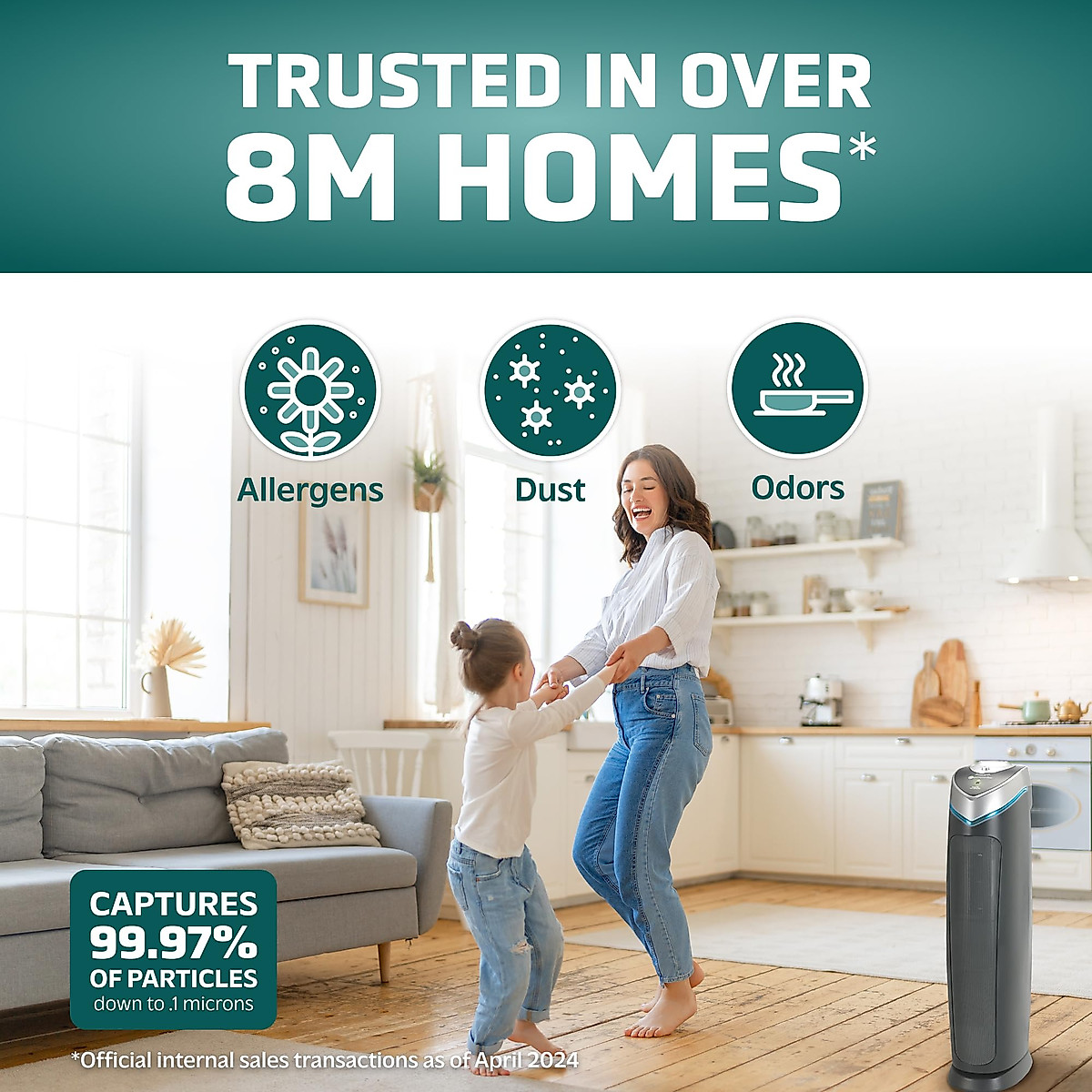 Germ Guardian AC5000 28” 3-in-1 True HEPA Filter Air Purifier for Home, Large Rooms, UV-C Light Kills Germs, Filters Allergies, Smoke, Dust, Pet Dander, & Odors, 5-Yr Wty, GermGuardian, Grey