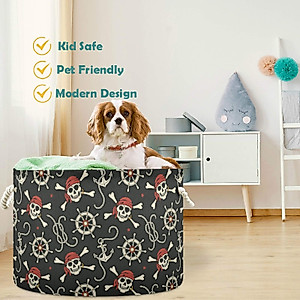 visesunny Collapsible Large Capacity Basket Skull Pirates Anchor Clothes Toy Storage Hamper with Durable Cotton Handles Home Organizer Solution for Bathroom, Bedroom, Nursery, Laundry,Closet