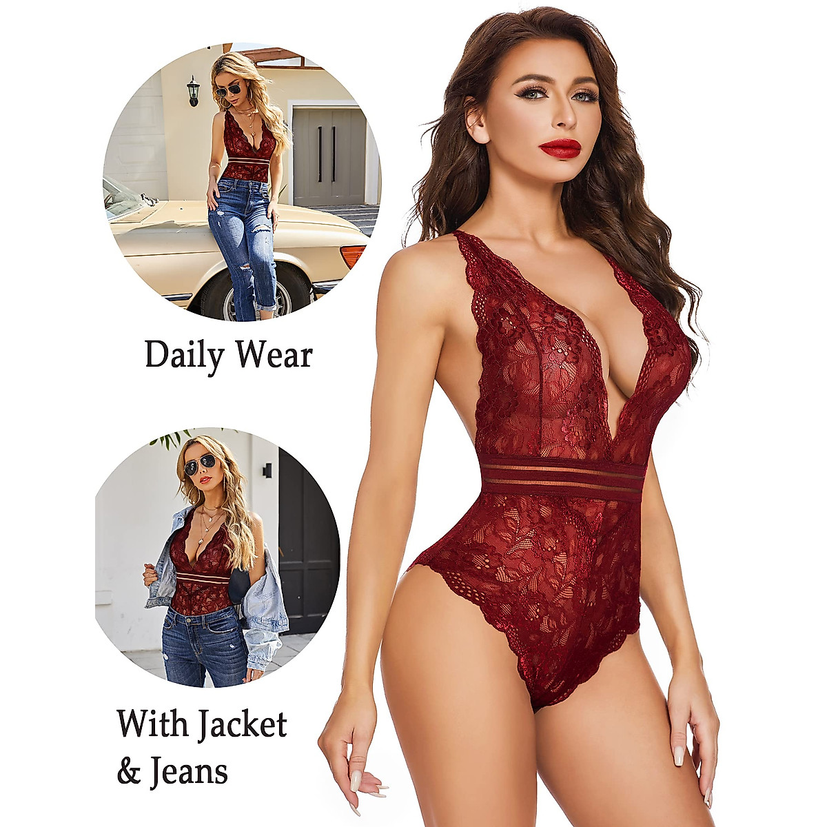 Avidlove Women Teddy Lingerie Snap Crotch Lingerie One Piece Lace Babydoll Mini Bodysuit Wine Red 4X-Large