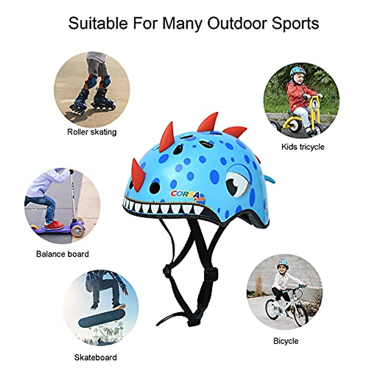 Kids Bike Helmet,Lovely Blue Dinosaur Kids Helmet Ages 2-4 Years Old Boys Girls Sports Helmet for Balance car, trikes, Scooters, Bike and Other Outdoor Sports