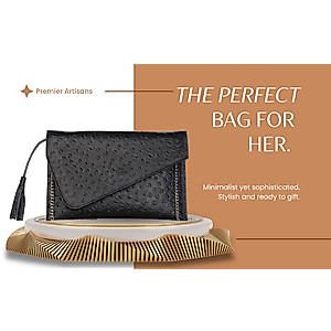 PREMIER ARTISANS - Black Textured Leather Evening Clutch - Handmade Clutch Purses For Women - Small Foldover Clutch Purse With Shoulder Strap - Formal Events Going Out - 11 x 2 x 7 Inches