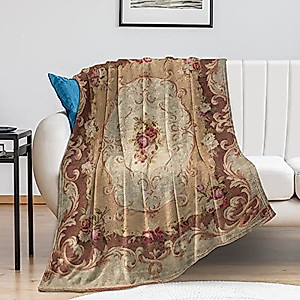 Antique Rose Floral French Aubusson Rug Flannel Fleece Throw Blankets 50"X40" Lightweight Fluffy Winter Fall Blanket Cozy Soft Fuzzy Plush Home Decor for Couch Bed Sofa Bedroom Living Room Travel