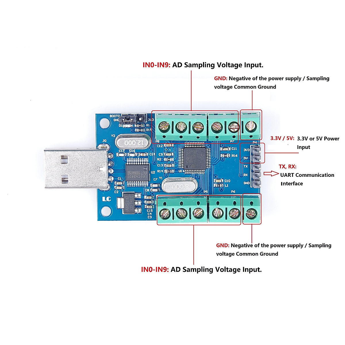 NOYITO USB 10-Channel 12-Bit AD Data Acquisition Module STM32 UART Communication USB to Serial Chip CH340 ADC Module