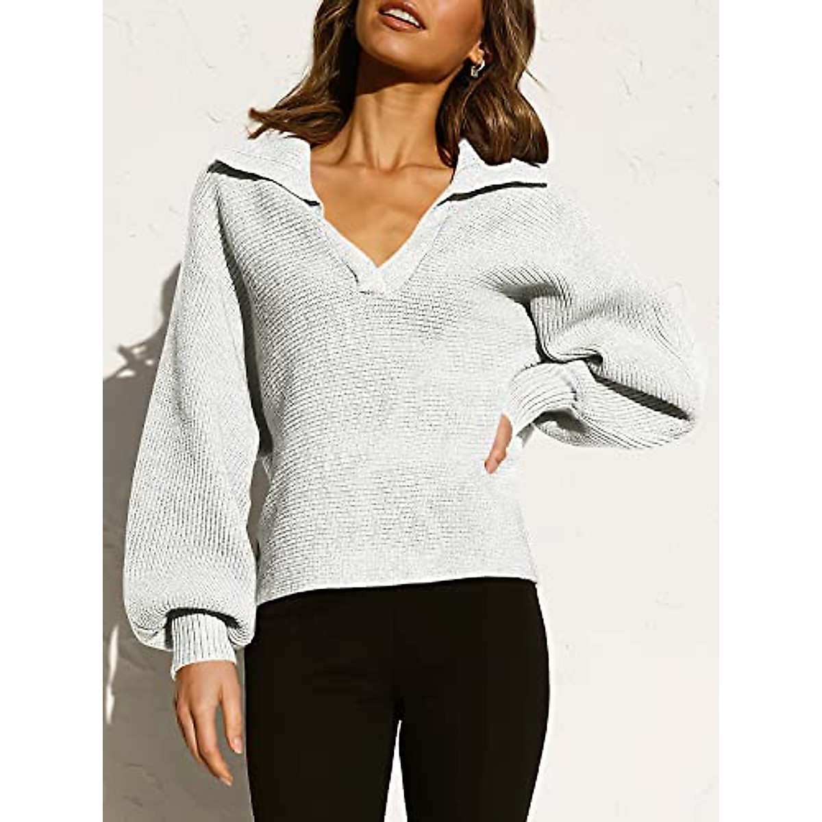 ANRABESS Women Polo V Neck Batwing Long Sleeve Casual Oversized Ribbed Knit Fall Pullover Sweater Top 599bai-L White