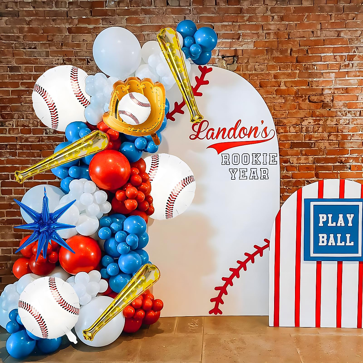 Baseball Garland Arch Kit With Glove, Bat, and Star Balloons - 128pcs Red, White, and Navy Blue for Baseball Theme Birthday, Baby Shower Party Supplies