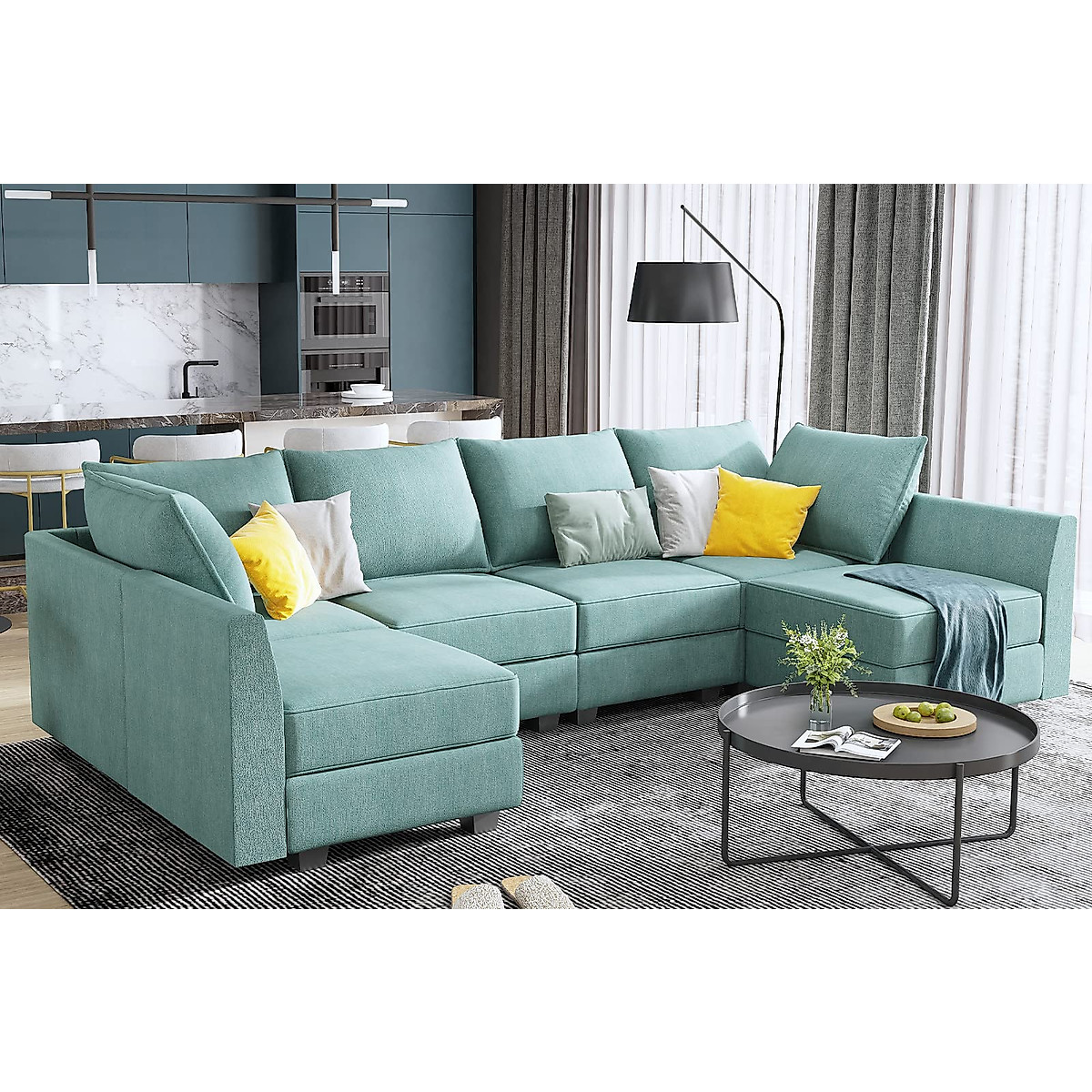 HONBAY Convertible Modular Sectional Sofa U Shaped Modular Couch with Storage Seat Modular Sofa Sectional Couch with Chaise, Aqua Blue