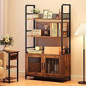 IDEALHOUSE Bookshelf with Doors Industrial Bookcase with 3 Tiers Open Storage Shelves Rustic Bookshelves Tall Display Rack Cabinet Farmhouse Bookshelf for Bedroom, Living Room, Home Office, Brown