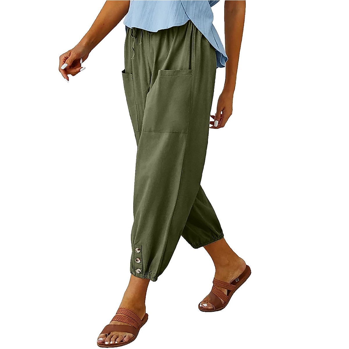 Women's High Waist Pants Drawstring Capri Pants with Pockets Wide Leg Cropped Pants for Women Green X-Large
