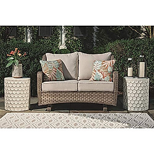 Signature Design by Ashley Clear Ridge Outdoor Handwoven Wicker Cushioned Loveseat Glider with 2 Throw Pillows, Light Brown