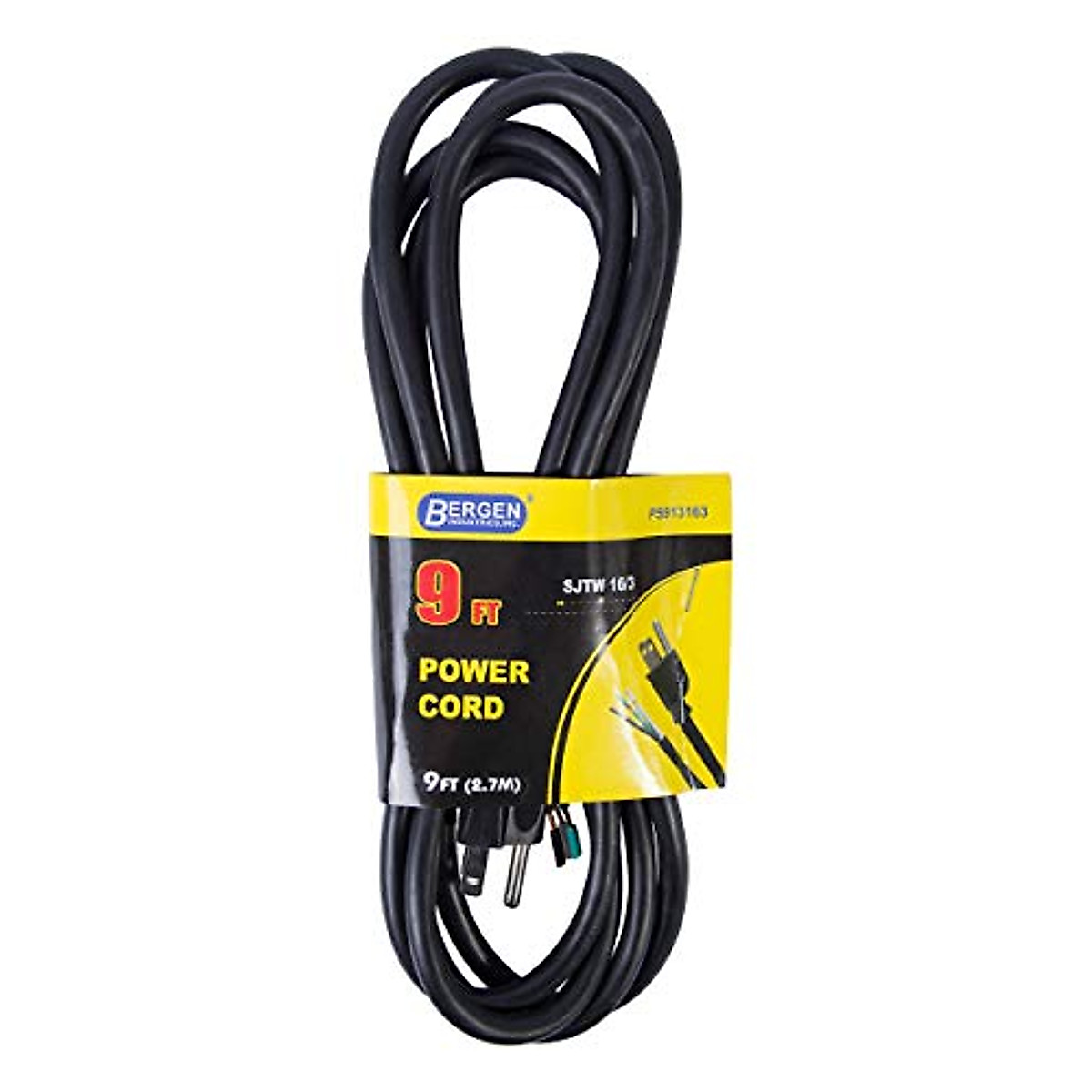 Bergen Industries Inc PS913163 3-Wire Appliance and Power Tool Cord, 9 ft, 16 AWG, 13A/125V AC, 1625w , Black