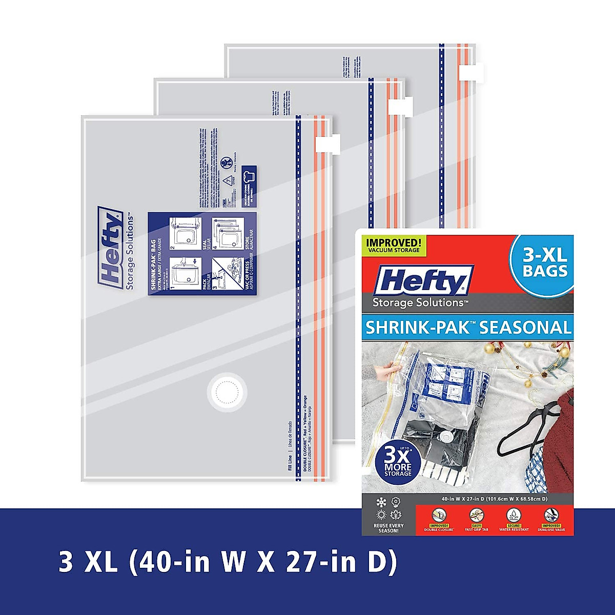 Hefty Shrink-Pak Vacuum Storage Bags – For Clothes, Pillows, Towels, Blankets & More – Space Saver Vacuum Suction Sealer Bags for Home or Travel – 3 XL Bags, 40 x 27 Inches