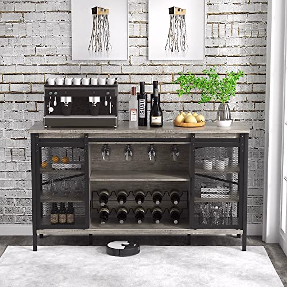 QNICE Industrial Wine Bar Cabinet / 55" Sliding Barn Door Coffee Bar Cabinet/Farmhouse Bar Cabinet with Wine Rack/Dark Rustic Oak/Easy Assembly