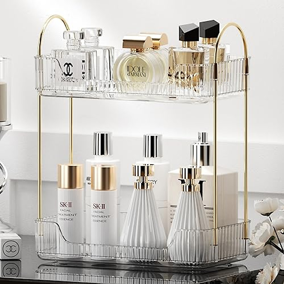 YCIA&DONE Bathroom Organizer Countertop 2 Tiers, Makeup Organizer Counter Storage, Skincare Cosmetics Shelf, Perfume Holder for Vanity Tray, Kitchen Organizers and Storage(Clear White)