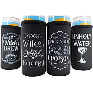 Witchy 12oz Slim Can Coolers - Stocking Stuffer Gothic Gift for Women, Adult Boo Basket for Her, Goth Car Accessories, Insulated 12 oz. Tall Skinny Can Cooler, Funny Witch Stuff Slim Can Sleeves