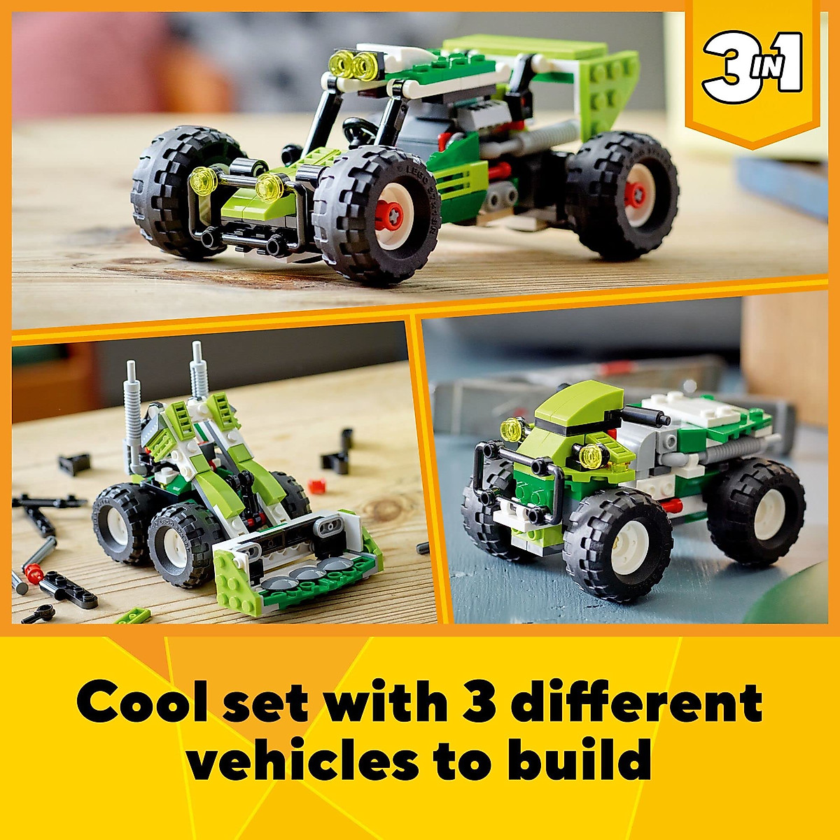 LEGO Creator 3 in 1 Off-road Buggy, Transforms to 3 Different Construction Vehicles from Skid Loader Digger to ATV Car Toy to Off-Roader, Construction Set for Kids 7 Plus Years Old, 31123
