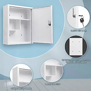 KYODOLED Wall Mount Medicine Cabinet, Large Capacity First Aid Wall Cabinet for Bathroom, Locking Medicine Cabinet with Key, Secure Steel Lock Box for Medication, White