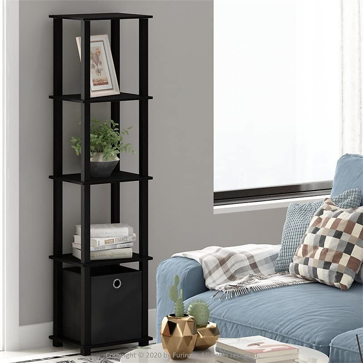 FURINNO Decorative Shelf With Bin, Black
