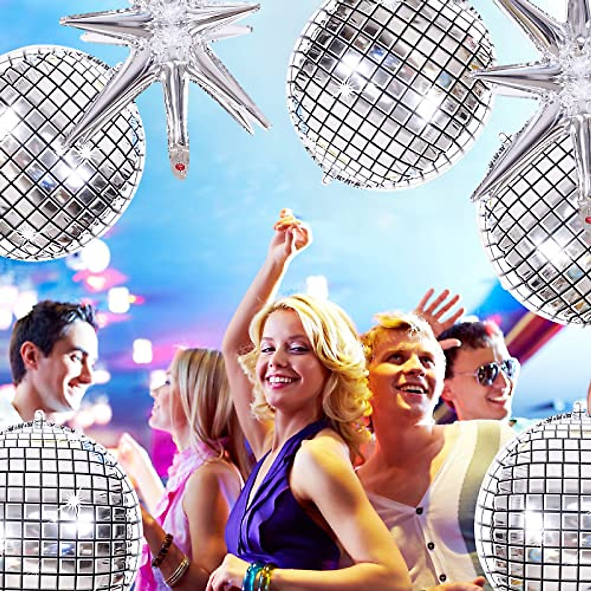 9 Pcs Giant Silver 4D Disco Ball Balloons, 22 Inch Silver Explosion Star Foil Mylar Balloons And 4D Round Metallic Silver Disco Balloons For 70s 80s 90s Disco Theme Party Decorations