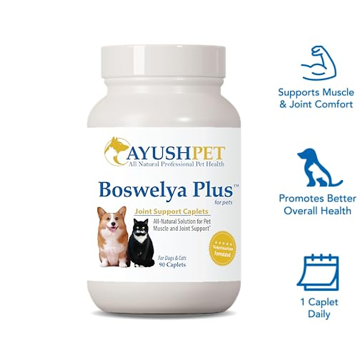 Ayush Pet Boswelya Plus, Joint and Muscle Support for Pets, Ayurvedic Pet Supplement with Boswellia, Ginger, and Bromelain, Large or Small Animals, 90 Vegetarian Caplets