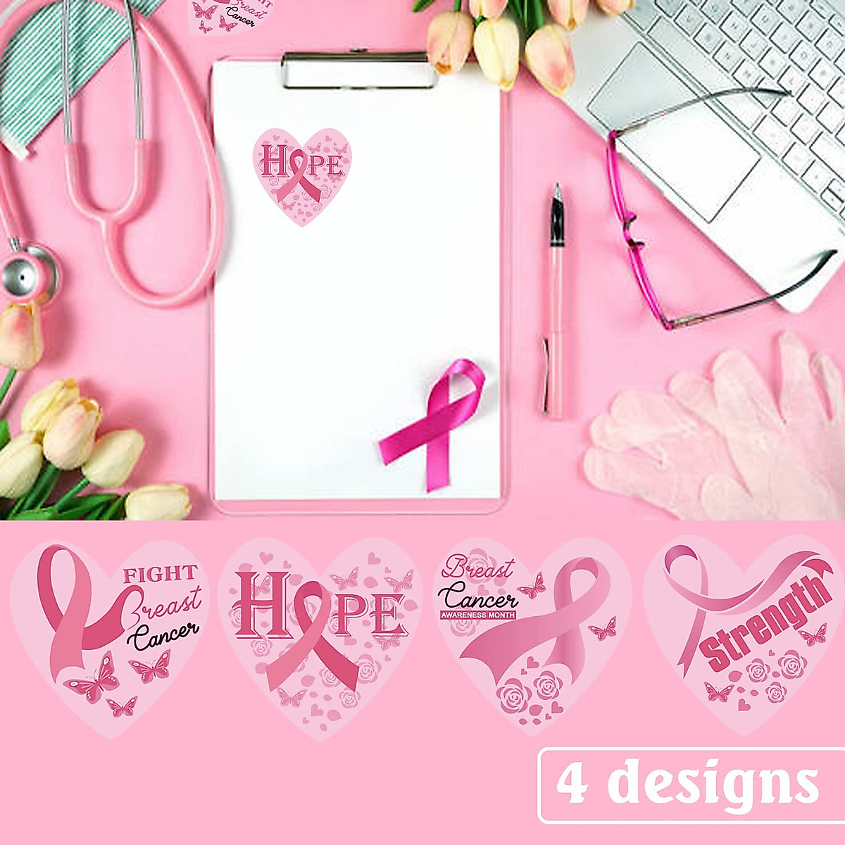 Breast Cancer Awareness Stickers 2 Inch Pink Heart Shaped Official Breast Cancer Hope Sticker for Women Girls,Charity Public Fundraising Favors Party Supplies 500 Pcs