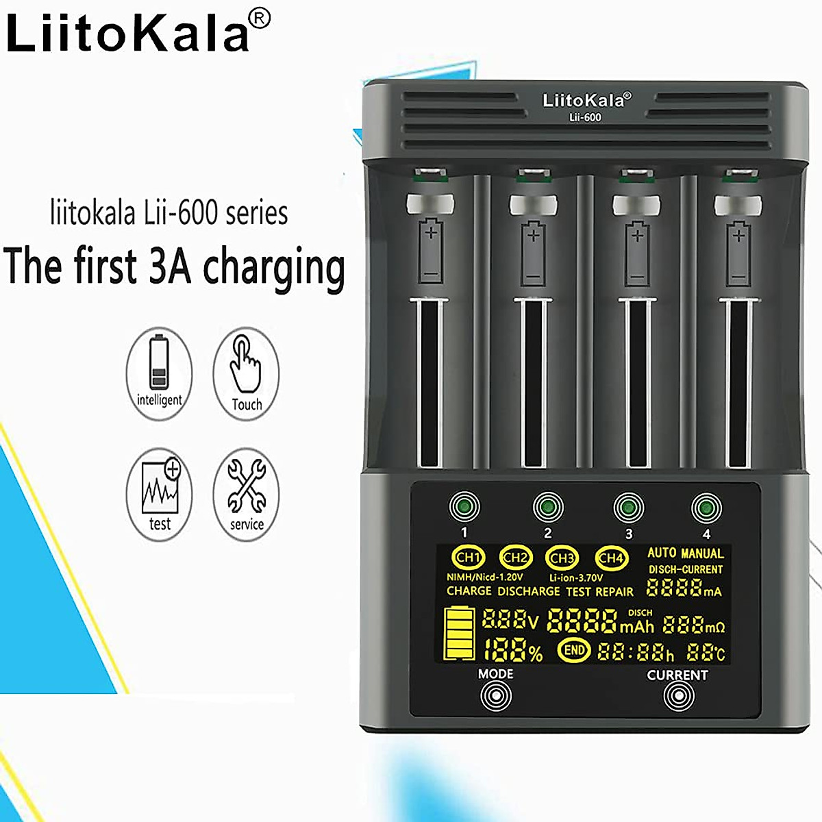 icover Universal Smart Battery Charger, LiitoKala lii-600 LCD Display 4 Slots Smart Charger Li-ion 3.7V NiMH 1.2V for Rechargeable Batteries 18650 26650 16340 14500 + Car Charger