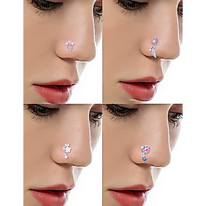 Tornito 12Pcs Dangle Nose Rings Stud L Shaped Nose Studs Flower Heart Arrow Feather Snake Gecko Snowflake Wing CZ Dangling Nose Piercing Jewelry for Women Men Silver Tone