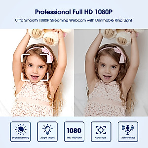 Streaming Webcam with Light - 2 Light Colors/Dual Microphones Webcam with Light: Stepless Dimming Adjustable Brightness, Auto-Focus HD 1080P Webcam with Tripod, Web Camera for PC Laptop Computer