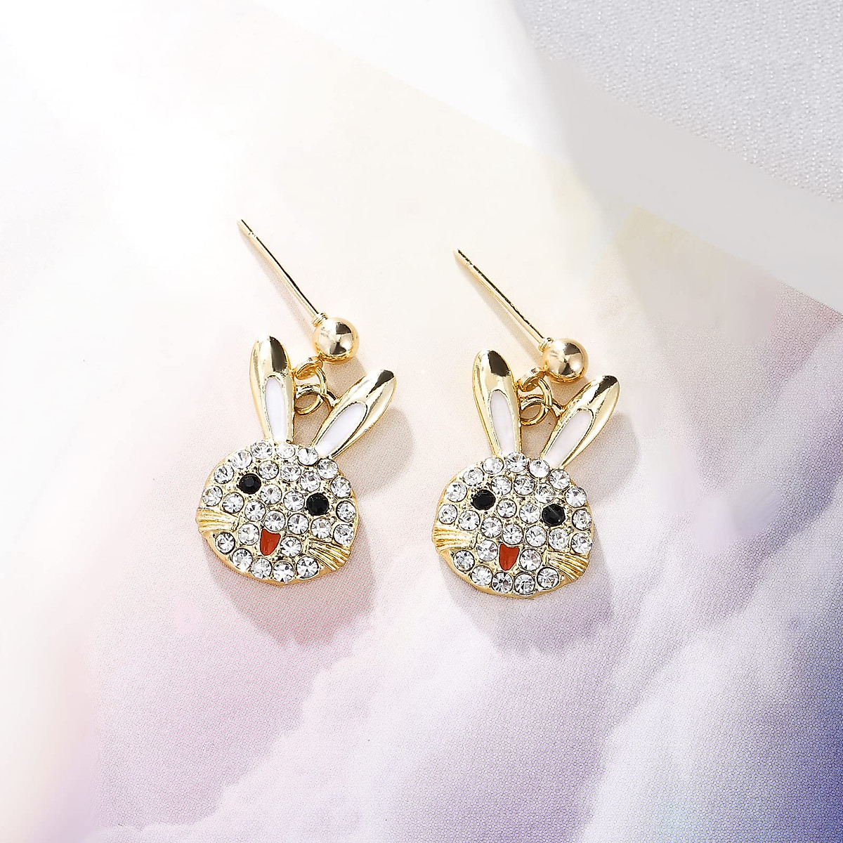 Crystal Bunny Earrings for Women, Shiny Rhinestones, Lightweight Hypoallergenic Gold/Silver Animal Drop Earrings (Gold)