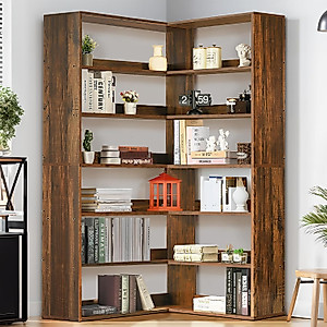 4 EVER WINNER Corner Bookshelf with LED Light, 7 Tiers Wooden Large Corner Bookcase, 71" Tall Corner Etagere Bookcase Book Shelf Display Rack for Home Office Living Room
