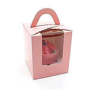 25 Pcs Pink Paper Cupcakes Boxes,Portable Single Individual Cupcake Gift Boxes with Window Inserts Handle for Wedding Candy Boxes (Pink)
