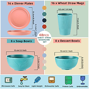 48 Pack Wheat Straw Dinnerware Sets Unbreakable Kitchen Plastic Flatware Bulk Dinner Plates, Dessert Plate, Cereal Bowls, Cups for Outdoor Camping Party, Service for 8, Mixed Color