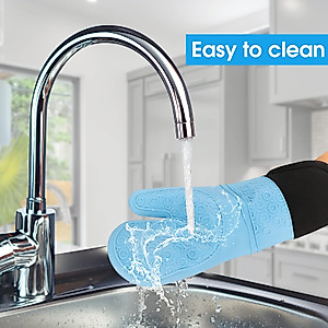 Silicone Oven Mitts and Pot Holders Sets, Extra Long Professional Heat Resistant Oven Gloves with Hot Pads, Quilted Liner, Non-Slip Textured Grip Safe for Kitchen Baking Cooking , 4-Piece Set (Blue)