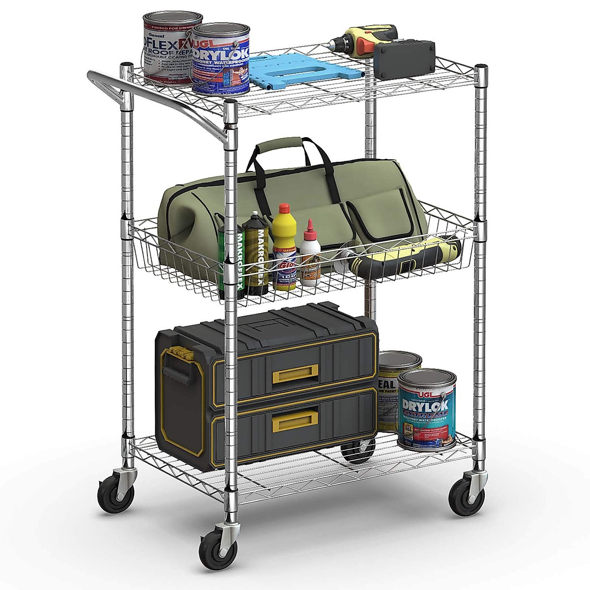 Giantex 3-Tier Rolling Utility Cart, Kitchen Island Cart on Wheels, with Handle Bar, Adjustable Shelves, Wire Mesh Microwave Cart for Utensils or Tableware, Commercial Grade Serving Cart (Silver)