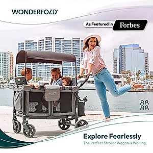 WONDERFOLD W4 Original Quad Stroller Wagon Featuring 4 High Face-to-Face Seats with 5-Point Harnesses, Easy Access Front Zipper Door, and Removable UV-Protection Canopy, Gray