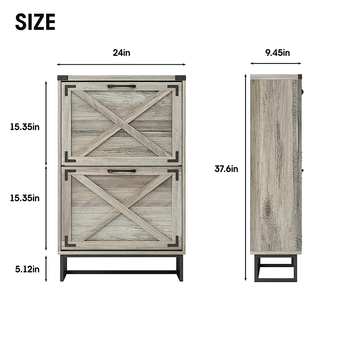 Maupvit 24" W Farmhouse Shoe Cabinet Storage for Entryway, Freestanding Organizer with 2 Flip Drawers, Narrow Shoe Rack Cabinet with Metal Corner Decoration, Washed Gray