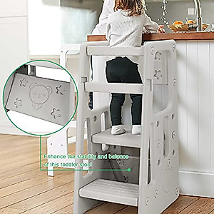 Nursery Kitchen Step Stool w/ 3 Adjustable Heights Toddler Standing Tower Kids Learning Stool w/Double Safety Rails & Non-Slip Foot Pads Cooking Stool Stand Helper Bathroom Counter Footstool (Grey)