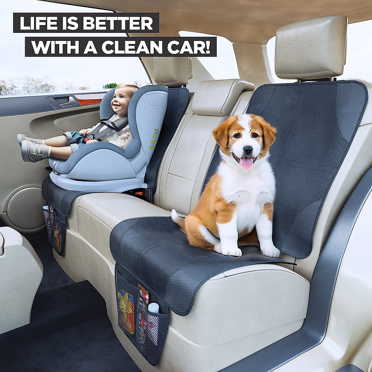 lebogner Car Seat Protector + Backseat Organizer With iPad and Tablet Holder, 5 Pocket Storage Car Seat Back Cover & Kick Mat Protector