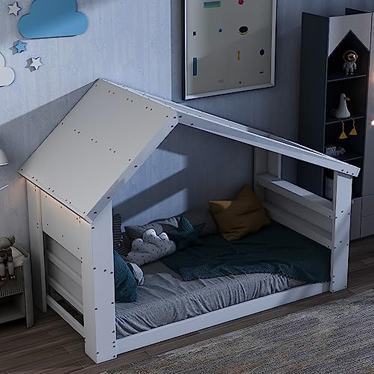 AnwickNomo Solid Wood Twin Canopy Platform Bed Frame with Roof Window and LED Light, Twin House Floor Bed Frames for Kids, Boys, Girls, Teens, Mattress Foundation, No Box Spring Needed (White)