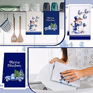 Geyoga 6 Pcs Christmas Kitchen Towels Decor 16 x 24 Inch Absorbent Christmas Tree Dish Towels Xmas Truck Snowman Santa Plaid Hand Tea Towels for Holiday Housewarming Gift(Blue, White,Snowman)