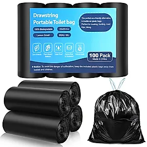 100 Portable Toilet Bags, Drawstring Biodegradable Camping Potty Bags 8 Gallon Camping Toilet Waste Bags for 5-8 Gallon Bucket Toilet Adults Outdoor Camping Car