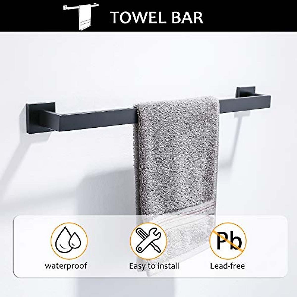 TNOMS 5 Pieces Bathroom Hardware Accessories Set Black Towel Bar Set Wall Mounted,Stainless Steel,23.6-Inch.