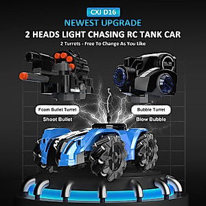 RC Tank Car,Rc Car That Shoot,2 Heads That Shoot Nerf Bullet (Foam Dart), Make Bubble, Remote Control Tank for Adult, 4WD Battle Stunt Car with 360°Rotating, LEDs, Music, Toy Gift for Boys 6+