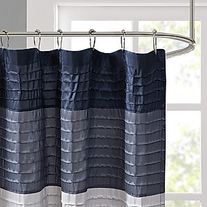 Madison Park Amherst Bathroom Shower Curtain Faux Silk Pieced Striped Modern Microfiber Bath Curtains, 72x72 Inches, Navy