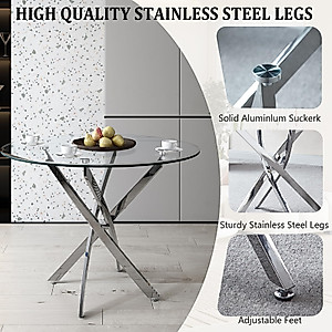 36" Round Dining Table for 4, Glass Kitchen & Dining Room Tables, Modern Circle Dining Room Table w/0.39" Tempered Glass Tabletop,Silver Finish Stainless Steel Legs for Dinner Small Space(No Chairs)